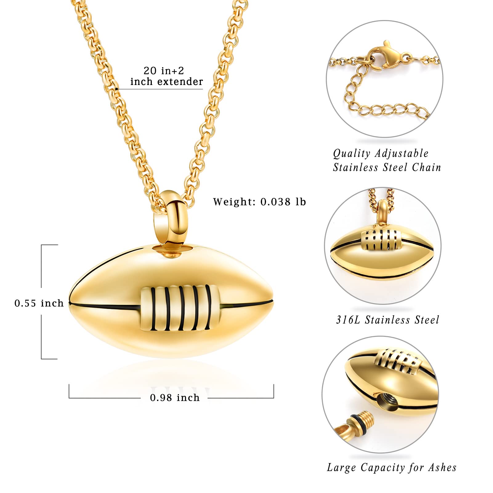 Hearbeingt Cremation Jewelry Urn Necklace for Ashes America Football/Basketball Keepsake Urn Pendant Memorial Ash Urn Jewelry for Women Men(Gold)