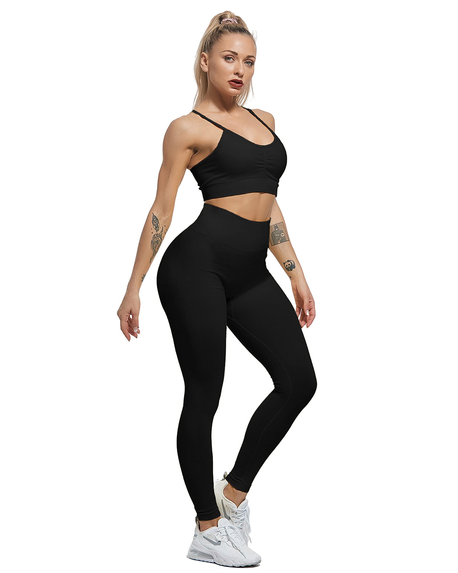 CHRLEISURE 3 Piece Workout Leggings Sets for Women, Gym Scrunch Butt Butt Lifting Seamless Leggings (Black, XL)