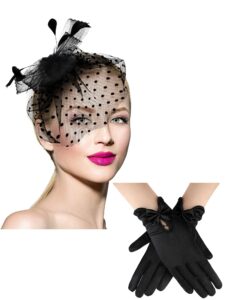 geyoga 50s fascinator hat for women funeral veil hat pillbox cocktail tea party headpiece and lace glove (black,elegant style)