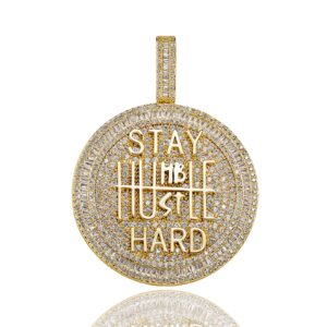 icediamond 14k gold plated stay humble-hustle hard encourage pendant necklace, iced out cz diamond hip hop charm jewelry for men women (gold)