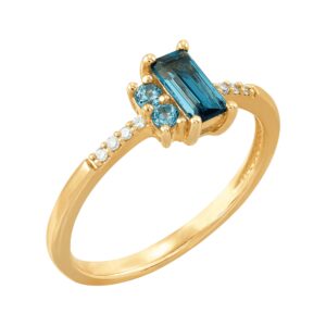 Welry London & Swiss Blue Topaz Ring with Diamond Accents in 10K Yellow Gold, Size 7