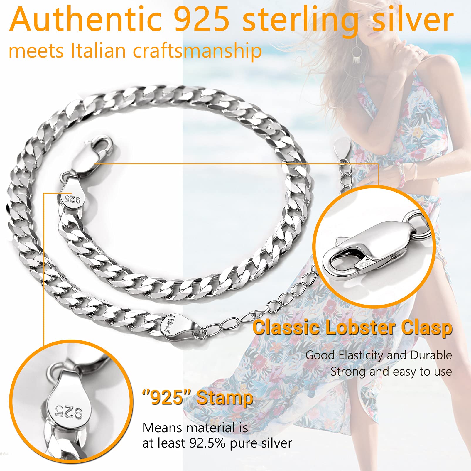 PROSILVER Sterling Silver Cuban Link Anklets For Women Womens Foot Chain Anklet Ankle Braclet