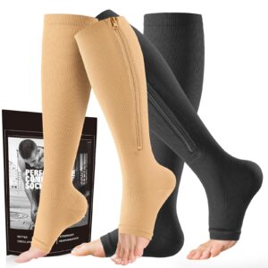 cerpite zipper compression socks men & women - 2 pairs of 15-20mmhg open toe compression socks knee high,suit for running