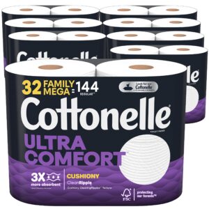 cottonelle ultra comfort toilet paper with cushiony cleaningripples, 2- ply, 32 family mega rolls (8 packs of 4) (32 family mega rolls= 144 regular rolls), 325 sheets per roll, packaging may vary