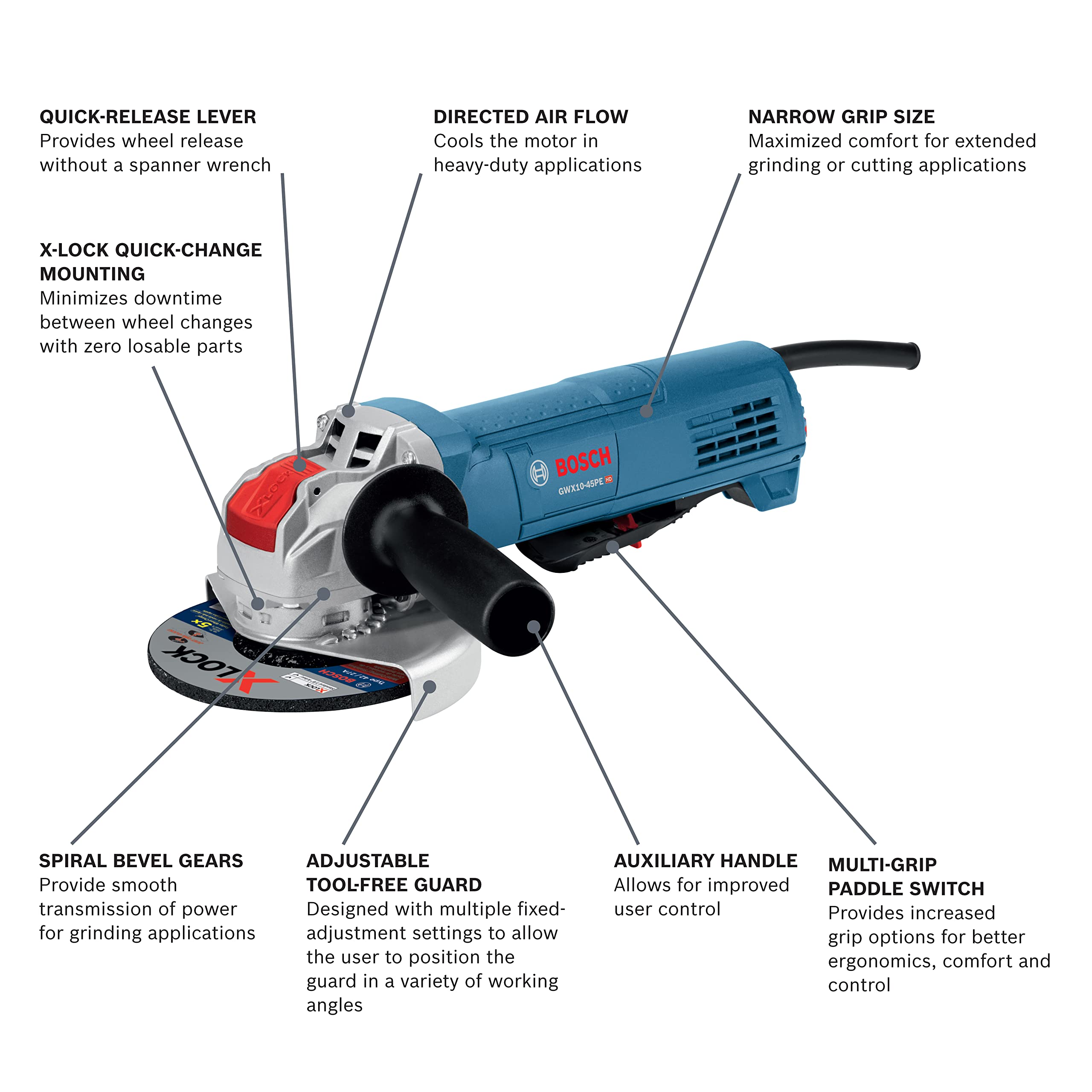 Bosch GWX10-45PE 4-1/2 In. X-LOCK Ergonomic Angle Grinder with Paddle Switch with Bosch DBX4543S Diamond Blade