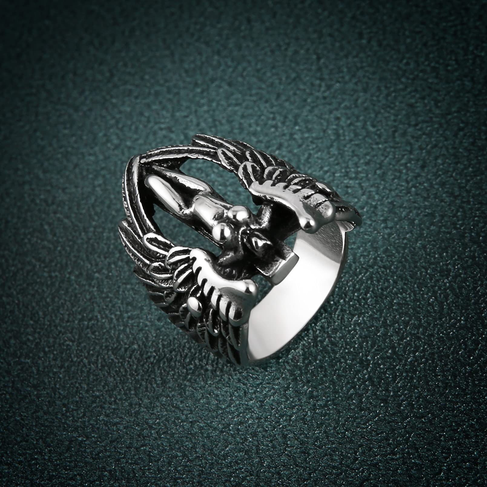 HZMAN Vintage Archangel Goddess Feather Angel Wing Stainless Steel Ring (Silver,9)