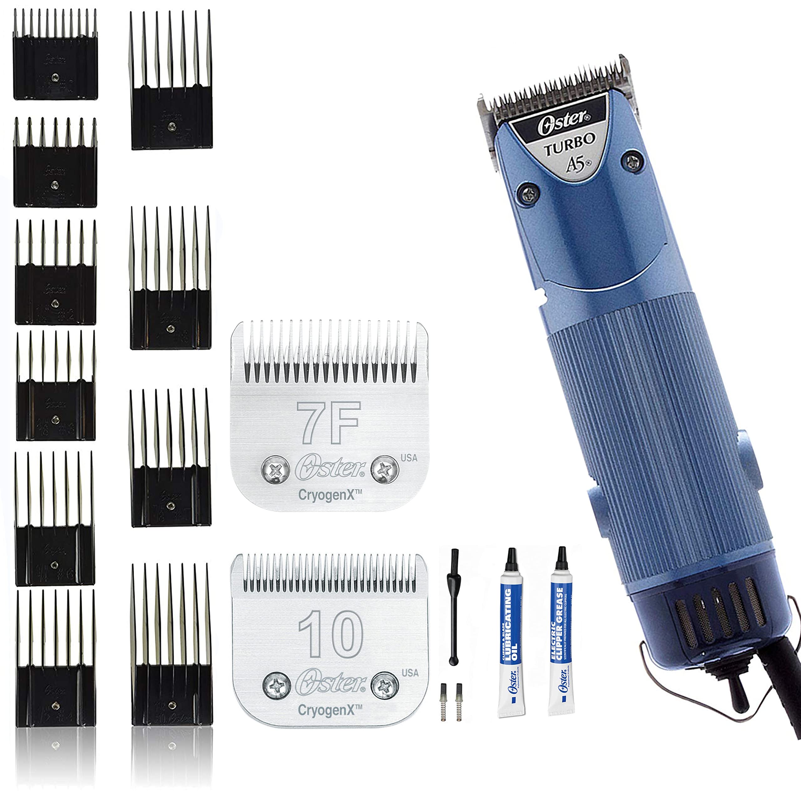 Oster A5 Dual Speed Grooming Clipper with Detachable Cryogen-X Blades #10 and #7F 7 Piece Universal Combs Guides Set