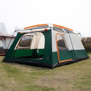 KTT Extra Large Tent 12 Person(A),Family Cabin Tents,2 Rooms,3 Doors and 3 Windows with Mesh,Straight Wall,Waterproof,Double Layer,Big Tent for Outdoor,Picnic,Camping,Family Gathering(Green)