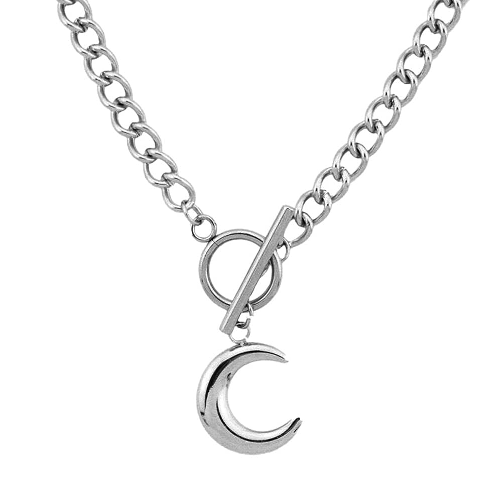 VCCKNB JEWELRY Moon Chain Necklace 18K White Gold Plated Silver Moon Necklace Crescent Moon Necklace for Women Toggle Necklace Moon Choker Necklace Moon Chain Necklace for Men