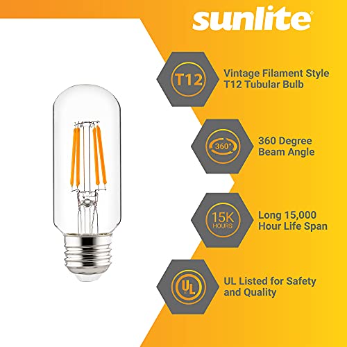 Sunlite 40263 LED Filament T12 Tubular Light Bulb, 3 Watts (25W Equivalent), 240 Lumens, UL Listed, 104 mm, Medium E26 Base, Dimmable, 2200K Amber, 6 Count