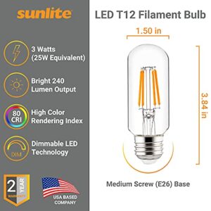 Sunlite 40263 LED Filament T12 Tubular Light Bulb, 3 Watts (25W Equivalent), 240 Lumens, UL Listed, 104 mm, Medium E26 Base, Dimmable, 2200K Amber, 6 Count