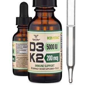 vitamin d3 k2 5,000 iu liquid drops (5,000 iu of d3 and 200mcg of 99.9% all-trans patented k2 mk-7 (k2vital)) max absorption liquid vitamin d drops (30 servings) by double wood