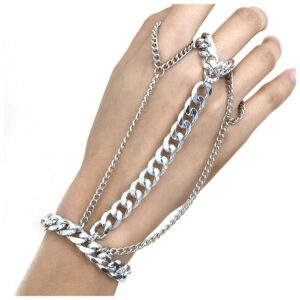 asphire punk layered cuban link chain bracelet with finger ring chunky chain tassel hand harness slave bracelet boho wrist chain for women teens girls (silver)