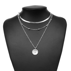 Woent Layered Lotus Pendant Necklaces Silver Bead Choker Necklace Chain Adjustable Jewelry for Women