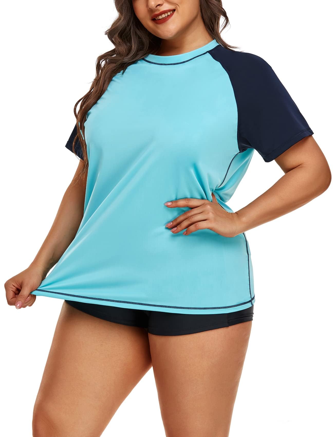 Inno Women's Plus Size Rash Guard Swim Shirt Short Sleeves UPF 50+ Swimwear Workout Tops 0X-6X Lake Blue