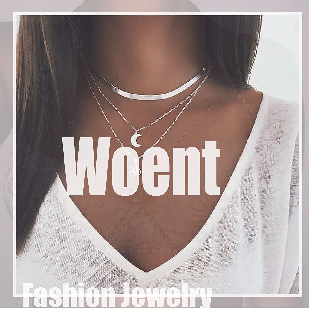 Woent Layered Lotus Pendant Necklaces Silver Bead Choker Necklace Chain Adjustable Jewelry for Women