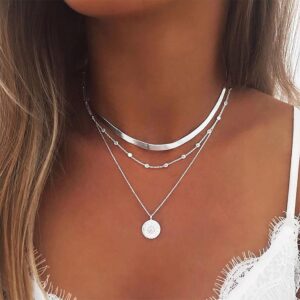 Woent Layered Lotus Pendant Necklaces Silver Bead Choker Necklace Chain Adjustable Jewelry for Women