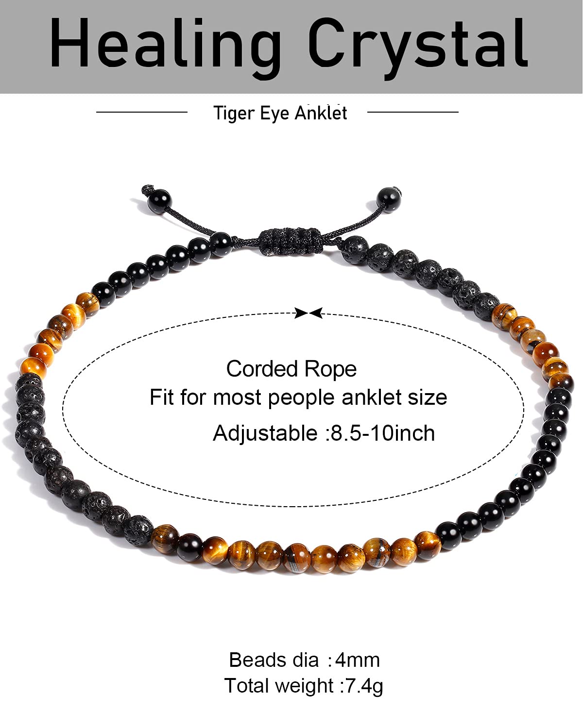 Jewever Anklet Bracelet For Women Healing Crystals Good Luck Gemstone Essential Oils Diffuser Jewelry (Tiger Eye/Lava Rock/Black Obsidian)