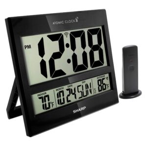 sharp atomic clock - never needs setting! - jumbo 3" easy to read numbers - indoor/outdoor temperature display with wireless outdoor sensor - gloss black