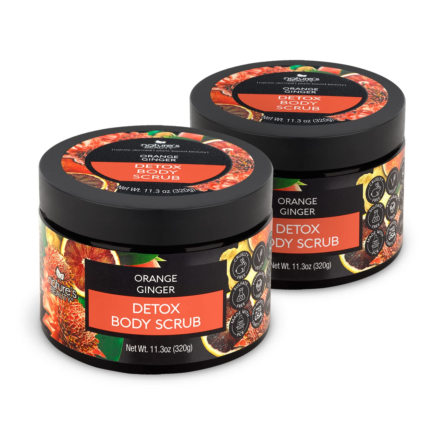 Nature's Beauty Orange Ginger Detox Body Scrub Multi-Pack - Gently Exfoliate, Awake & Cleanse Dull to Dry Skin, Made w/Vitamin C, Sunflower + Almond + Avocado Oils, 11.3 oz (2 Pack)