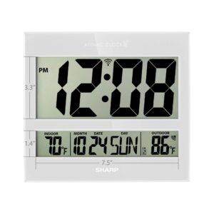 Sharp Atomic Clock - Never Needs Setting! - Jumbo 3" Easy to Read Numbers - Indoor/Outdoor Temperature Display with Wireless Outdoor Sensor - Gloss Black