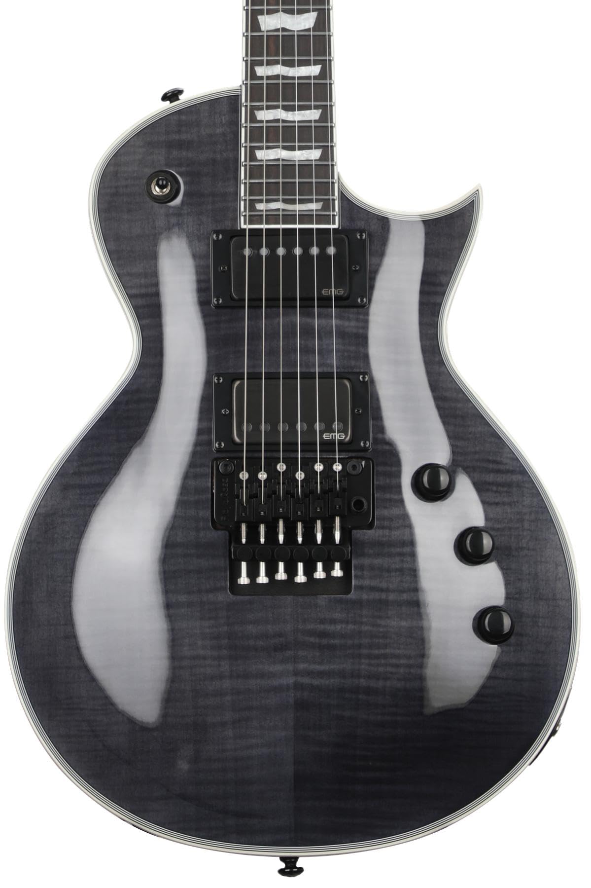 ESP 6 String LTD Deluxe EC-1000FR Electric Guitar, See Thru Black, Right, (LEC1000FRFMSTBLK)