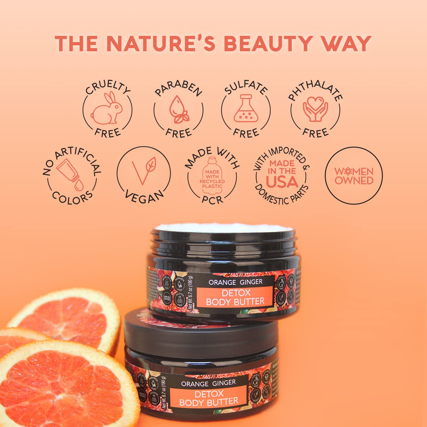 Nature's Beauty Orange Ginger Detox Body Butter Multi-Pack - Luxury Rich Moisturizer, Purify + Reset + Soothe your Skin, Made w/Vitamin C, Sunflower + Almond + Avocado Oils, 6.7 oz (2 Pack)