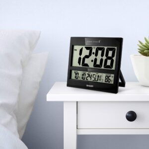 Sharp Atomic Clock - Never Needs Setting! - Jumbo 3" Easy to Read Numbers - Indoor/Outdoor Temperature Display with Wireless Outdoor Sensor - Gloss Black