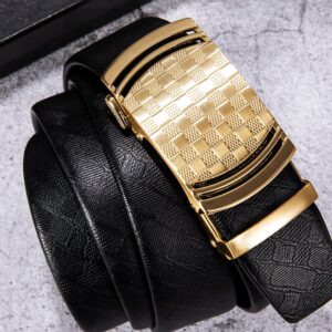 Dubulle Men's Ratchet Belt Fashion Gold Plaid Design Automatic Slid Buckle Black Ratchet Belt Trim to Fit Business Casual Belt with Exquisite Box