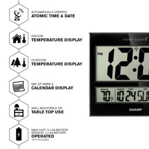 Sharp Atomic Clock - Never Needs Setting! - Jumbo 3" Easy to Read Numbers - Indoor/Outdoor Temperature Display with Wireless Outdoor Sensor - Gloss Black