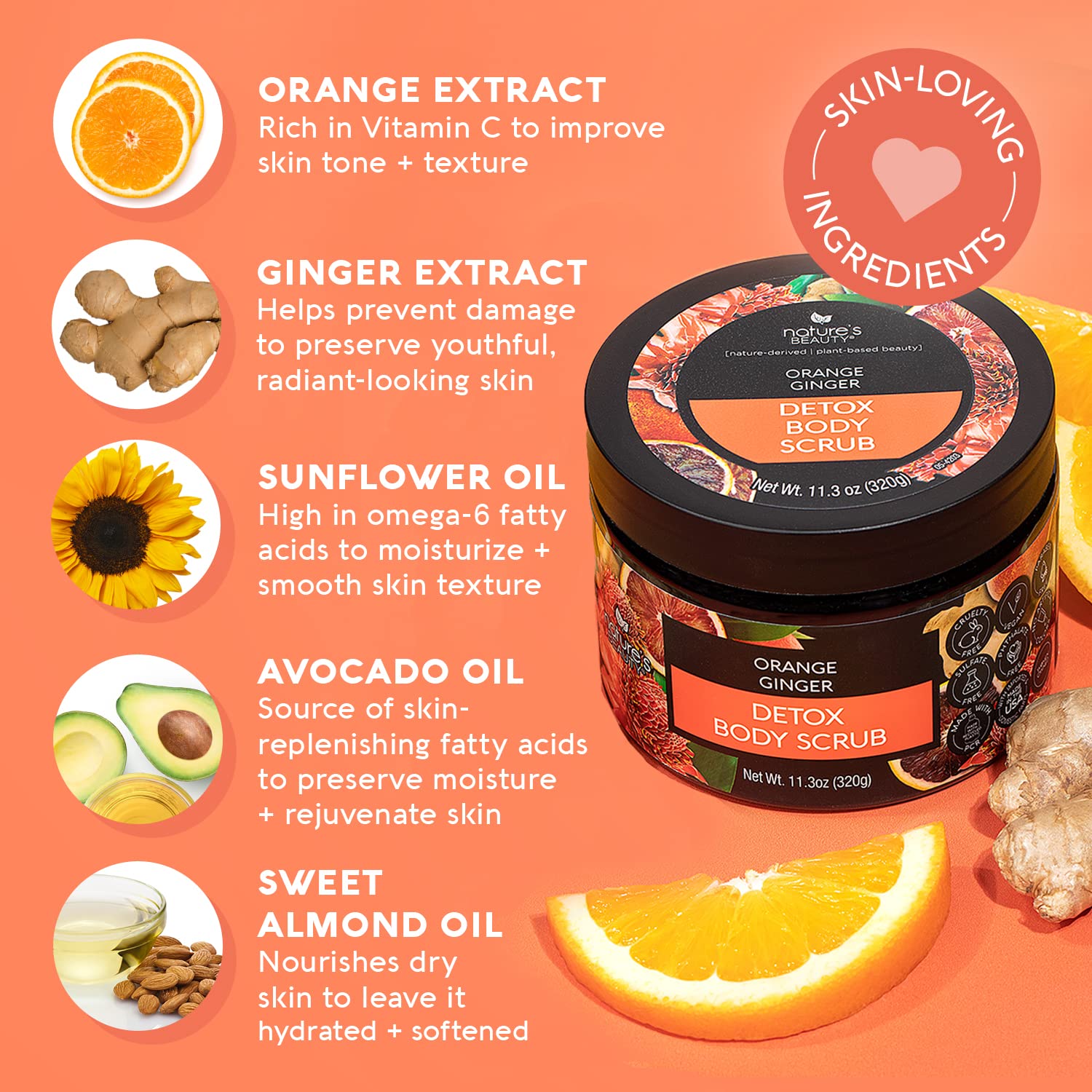 Nature's Beauty Orange Ginger Detox Body Scrub Multi-Pack - Gently Exfoliate, Awake & Cleanse Dull to Dry Skin, Made w/Vitamin C, Sunflower + Almond + Avocado Oils, 11.3 oz (2 Pack)