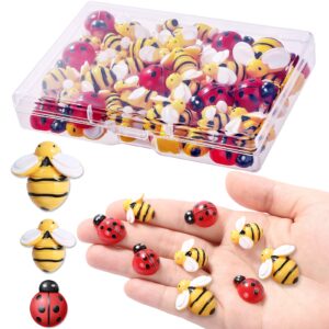 mikimiqi 60 pcs tiny resin bees ladybugs decor, including 30 pcs bumble bee embellishment 30 pcs resin ladybug craft decorations with storage box for diy craft wreath party decor, 0.98 inch, 0.74 inch