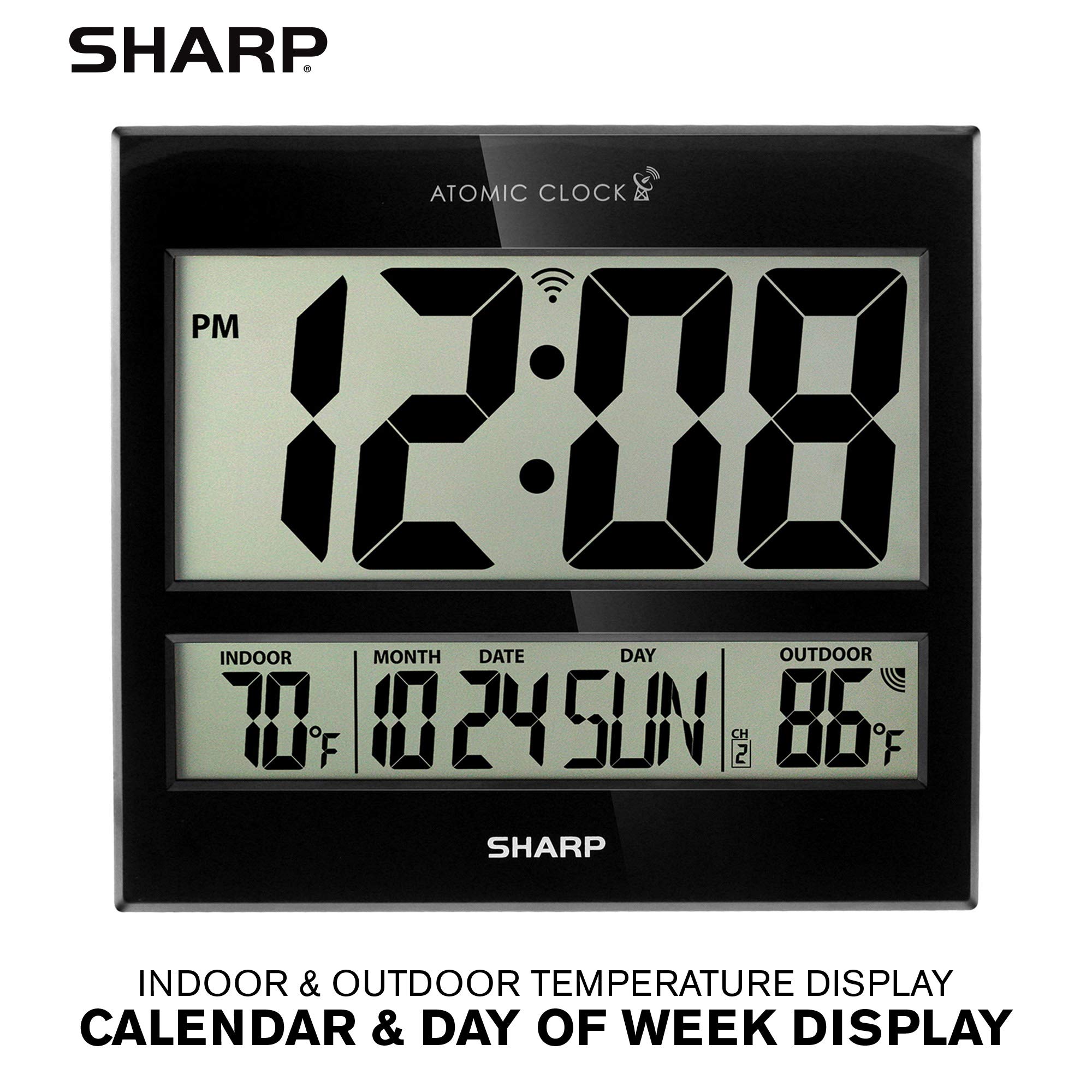 Sharp Atomic Clock - Never Needs Setting! - Jumbo 3" Easy to Read Numbers - Indoor/Outdoor Temperature Display with Wireless Outdoor Sensor - Gloss Black