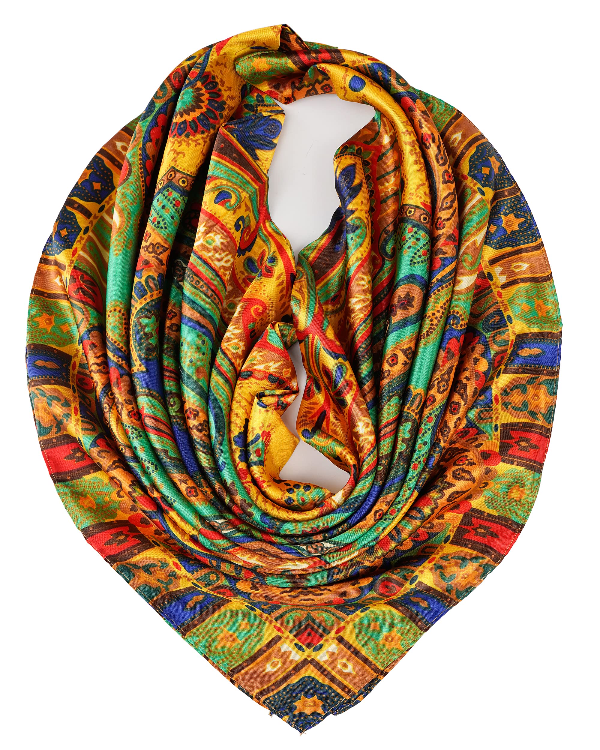 YOUR SMILE Silk Like Scarf Women's Fashion Pattern Large Square Satin Headscarf,Gold Totem