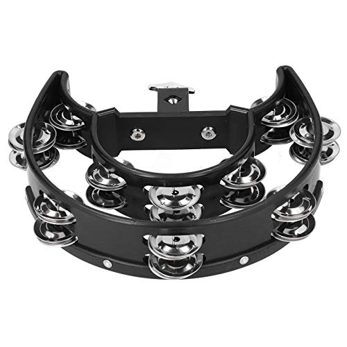 Hand Held Double Row Tambourine, Metal Jingles Half Moon Hi Hat Tambourine with Mounting Bracket for Drummers Guitarists