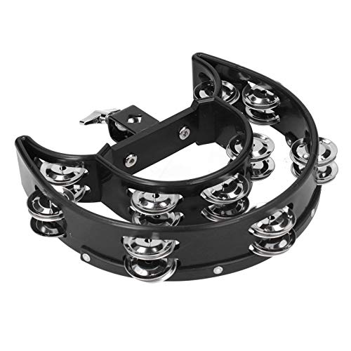 Hand Held Double Row Tambourine, Metal Jingles Half Moon Hi Hat Tambourine with Mounting Bracket for Drummers Guitarists