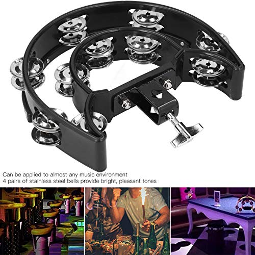 Hand Held Double Row Tambourine, Metal Jingles Half Moon Hi Hat Tambourine with Mounting Bracket for Drummers Guitarists