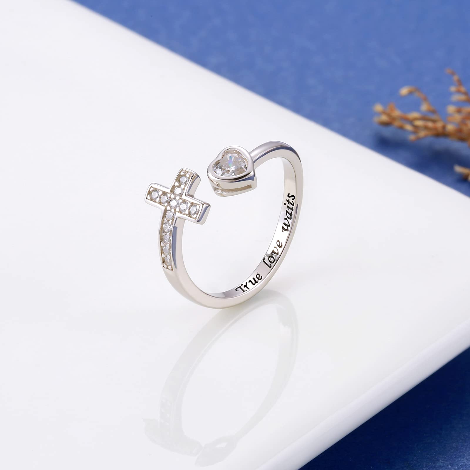 APOTIE 925 Sterling Silver Cross Ring - True Love Wait Purity Ring Cubic Zirconia Adjustable Ring Jewelry Gift for Women