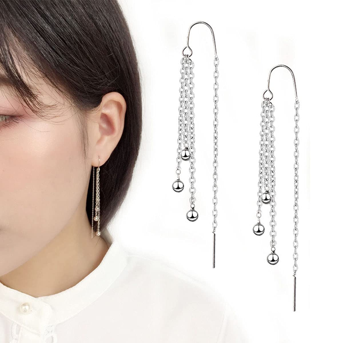 4 Pcs Star Chain Tassel Threader Earrings for Women Silver Lightweight Star Beaded Curved Ear Line Wave Dangle Drop Earrings Minimalist Charm Long Threader Earrings Set (Silver-4 Pcs)