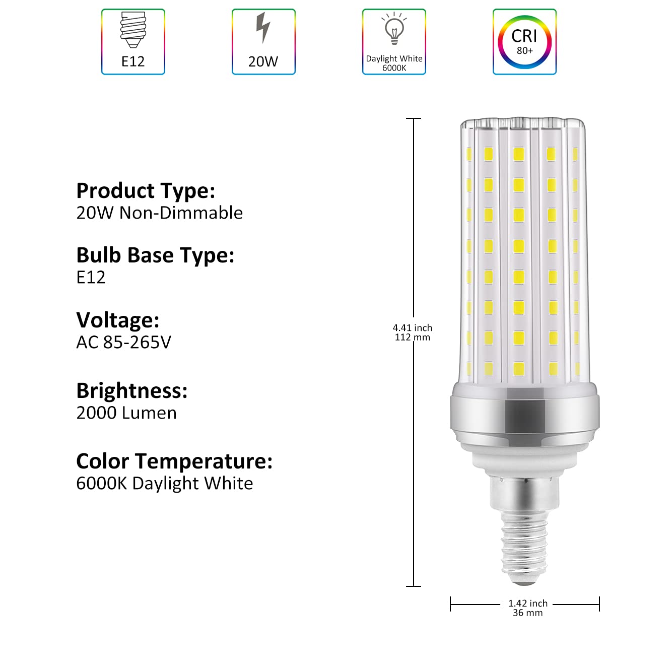 E12 LED bulbs, 20W LED Candelabra Bulbs 150 Watt Equivalent,Daylight White 6000K, ceiling fan light bulbs,2000lm, Non-Dimmable LED light bulb, LED Chandelier Bulbs for Ceiling Fan,Home Lighting,4 Pack