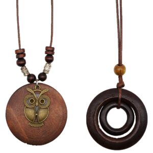 mzfjwy 2 pcs handmade long wax rope wooden pendant necklace jewelry gift for women girls