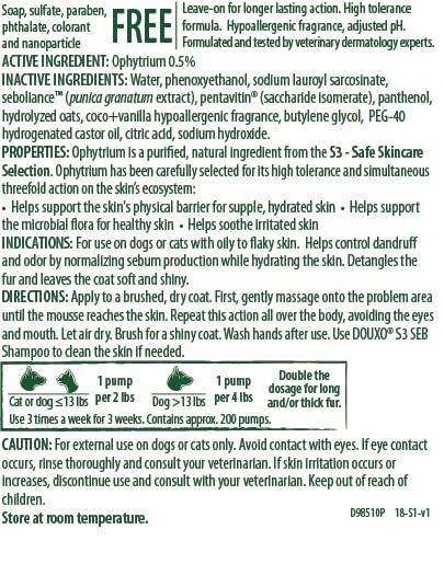 Douxo S3 SEB Mousse 5.1 oz (150 mL) - Relief for Seborrhea in Dogs and Cats (Helps with Oily to Flaky Skin)