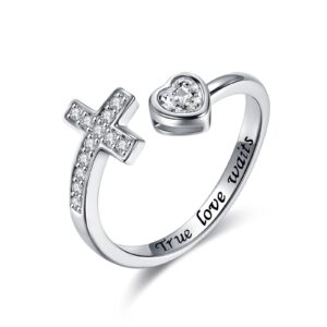 apotie 925 sterling silver cross ring - true love wait purity ring cubic zirconia adjustable ring jewelry gift for women