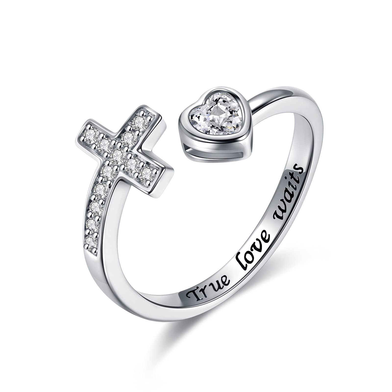 APOTIE 925 Sterling Silver Cross Ring - True Love Wait Purity Ring Cubic Zirconia Adjustable Ring Jewelry Gift for Women