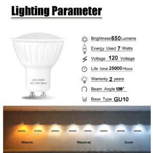 Dimmable GU10 LED Bulbs 4000K - 90% Energy Saving, 120-Volt, Natural light Bulb, 650-Lumen, 7Watt(60-Watt Equivalent Halogen Bulb), Gu10 120°Wide beam angle, 6 Pack