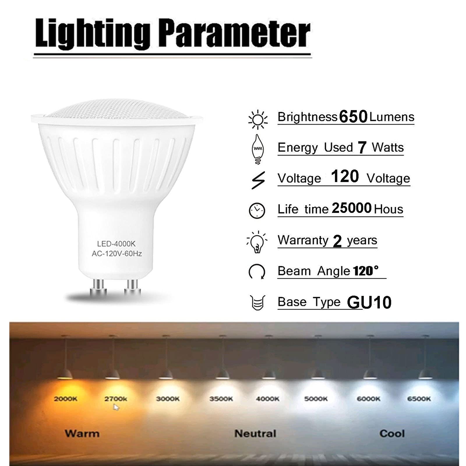 Dimmable GU10 LED Bulbs 4000K - 90% Energy Saving, 120-Volt, Natural light Bulb, 650-Lumen, 7Watt(60-Watt Equivalent Halogen Bulb), Gu10 120°Wide beam angle, 6 Pack