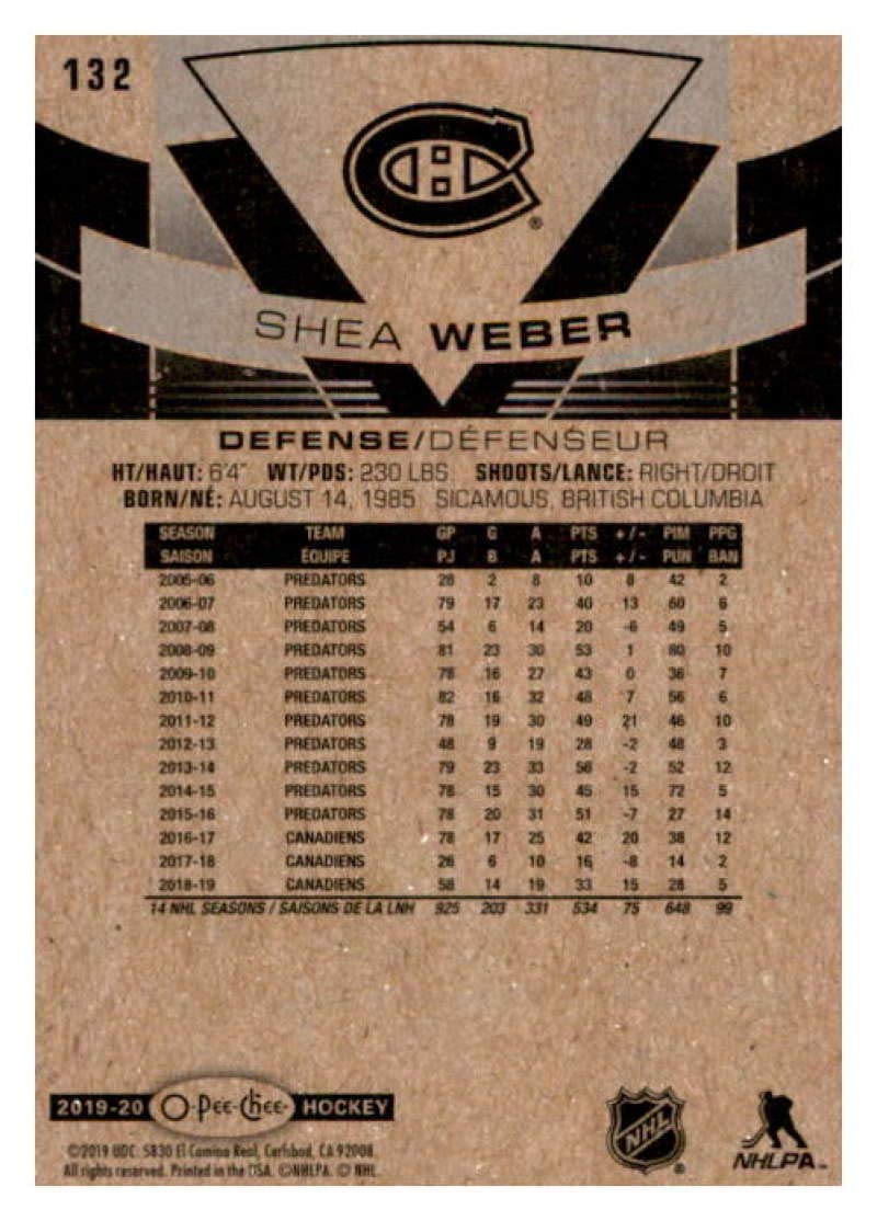 2019-20 OPC O-Pee-Chee Hockey #132 Shea Weber Montreal Canadiens Official NHL Upper Deck Trading Card