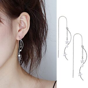 4 Pcs Star Chain Tassel Threader Earrings for Women Silver Lightweight Star Beaded Curved Ear Line Wave Dangle Drop Earrings Minimalist Charm Long Threader Earrings Set (Silver-4 Pcs)