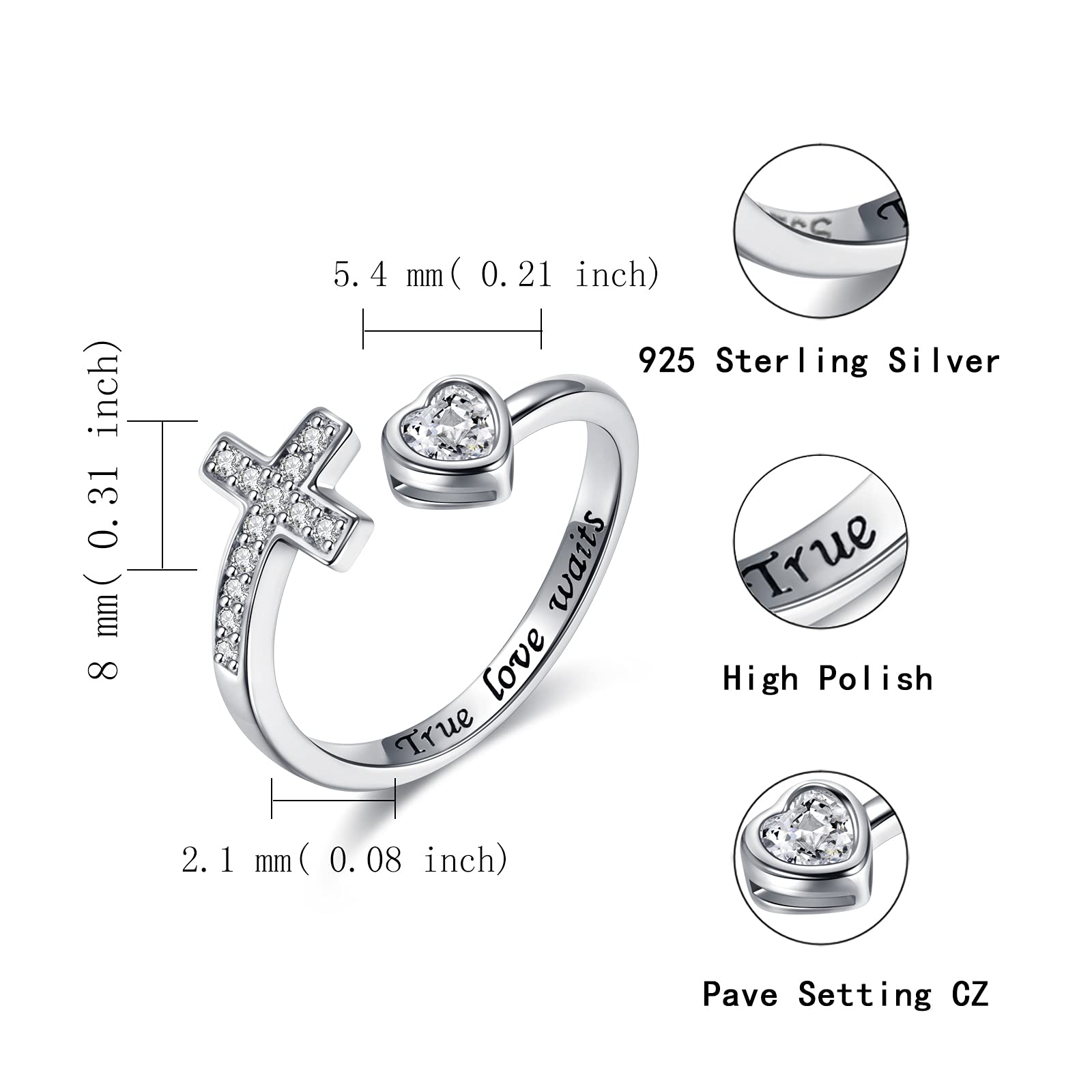 APOTIE 925 Sterling Silver Cross Ring - True Love Wait Purity Ring Cubic Zirconia Adjustable Ring Jewelry Gift for Women