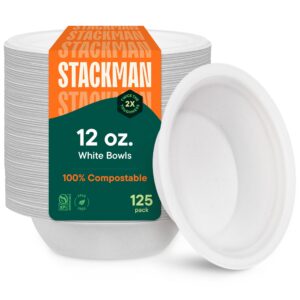 100% compostable disposable paper bowls [125-pack] - {pfas-free} - {bpi certified} - [12 oz] heavy duty, eco-friendly, biodegradable bagasse hot soup bowls - thick white 12oz bowl plates by stack man